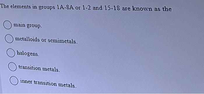 Solved The elements in groups 1A-8A or 1-2 and 15-18 are | Chegg.com