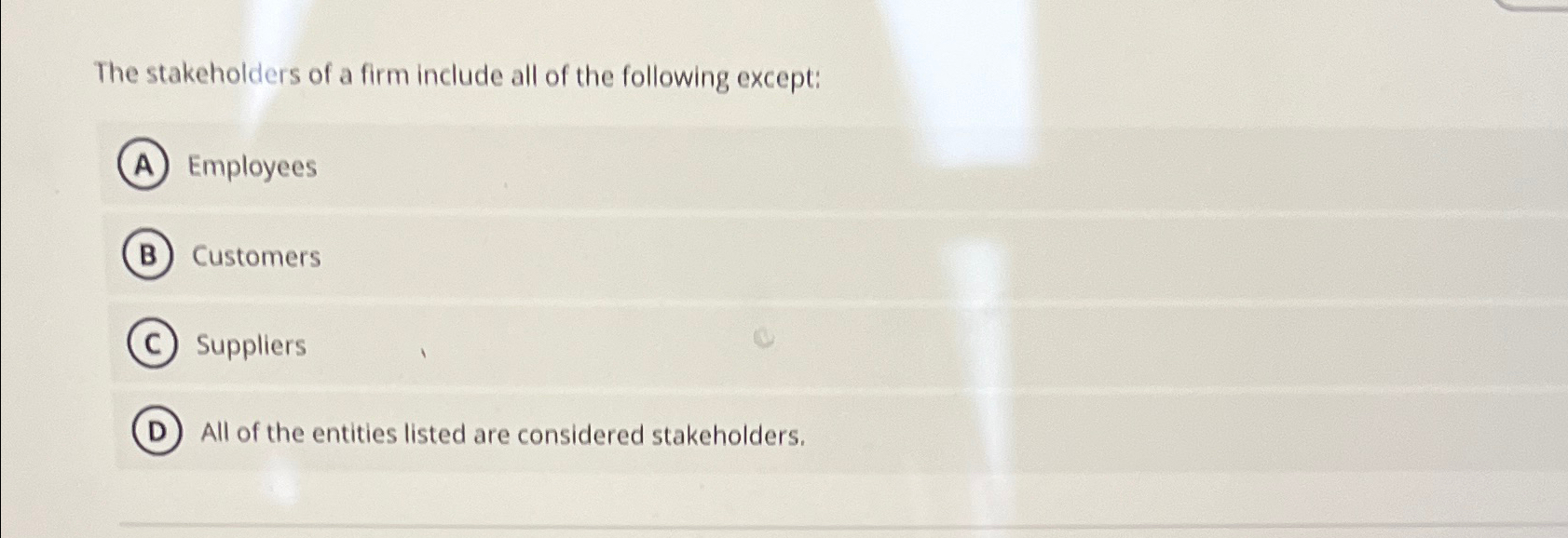 Solved The stakeholders of a firm include all of the | Chegg.com