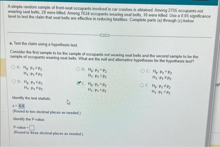 Solved A simple random sample of front-seat occupants | Chegg.com