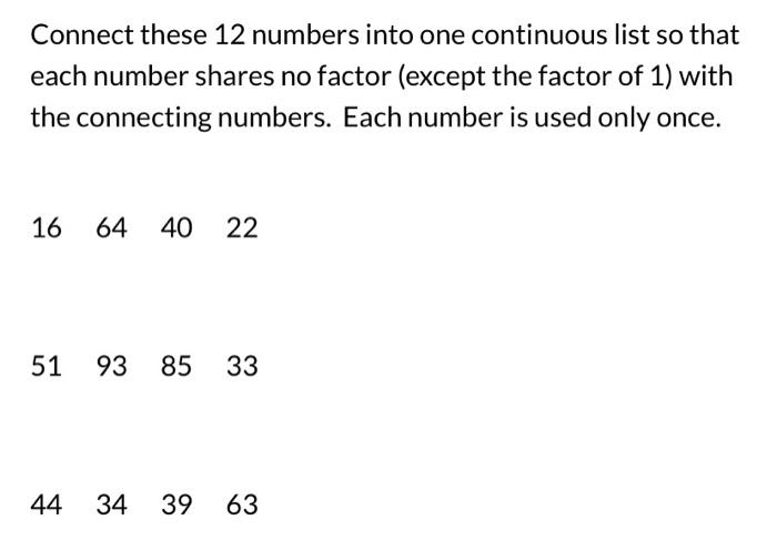 Solved Connect these 12 numbers into one continuous list so | Chegg.com