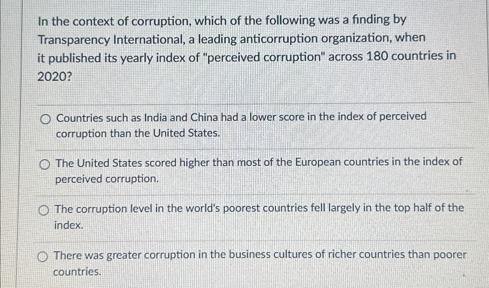 Solved In the context of corruption, which of the following | Chegg.com