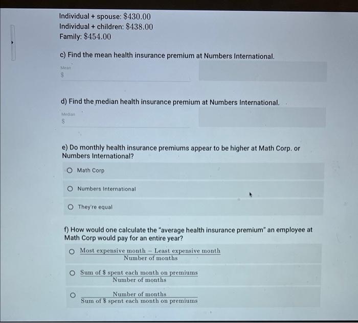 Solved Suppose at Math Corp., the monthly health insurance | Chegg.com