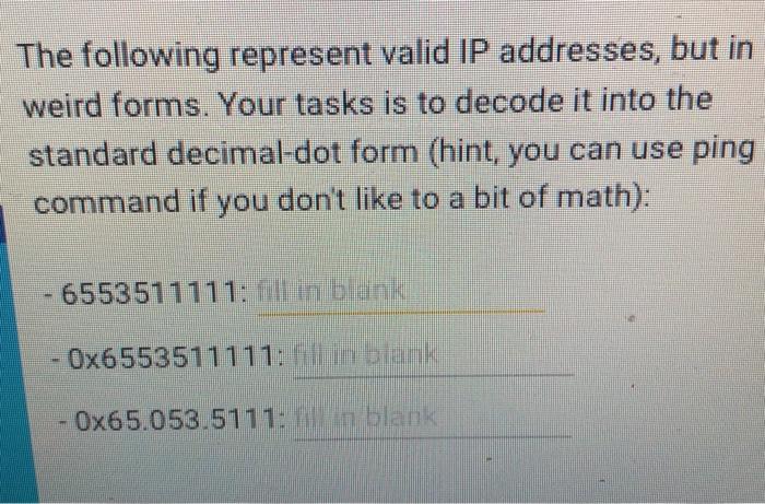 Solved The following represent valid IP addresses, but in | Chegg.com
