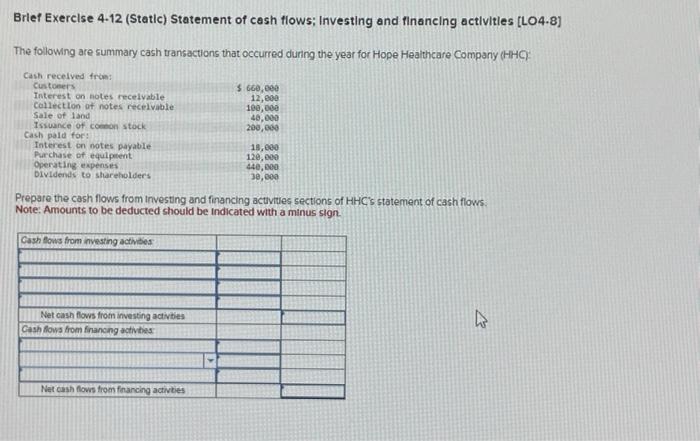 Solved Brlef Exerclse 4-12 (Static) Statement of cash flows; | Chegg.com