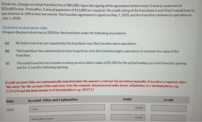 Solved Oriole Inc. charges an initial franchise fee of | Chegg.com