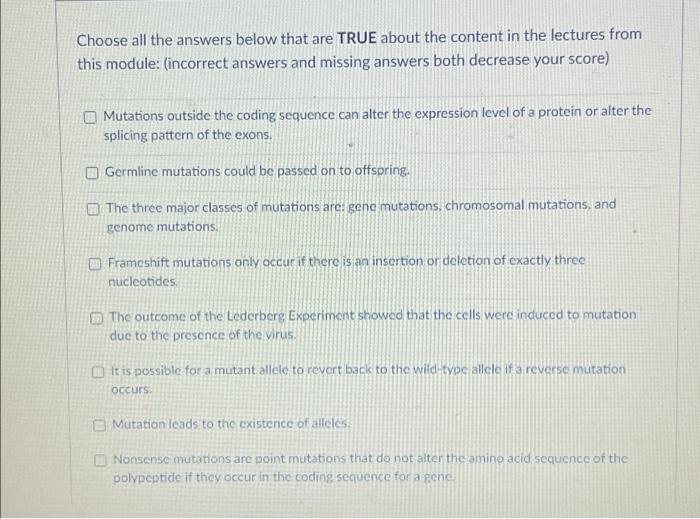 Solved Choose all the answers below that are TRUE about the | Chegg.com
