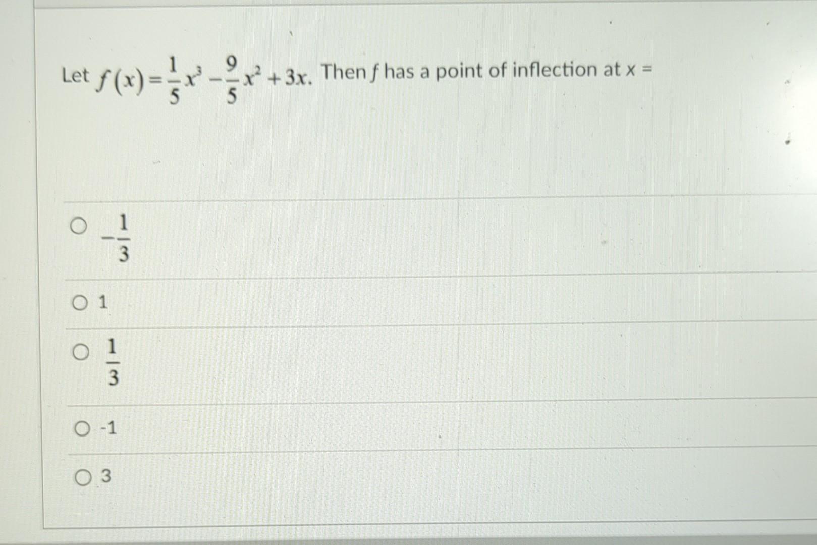 Solved Let f(x)=51x3−59x2+3x. Then f has a point of | Chegg.com