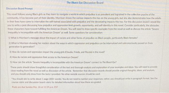 Discussion Board Prompt This novel follows young | Chegg.com