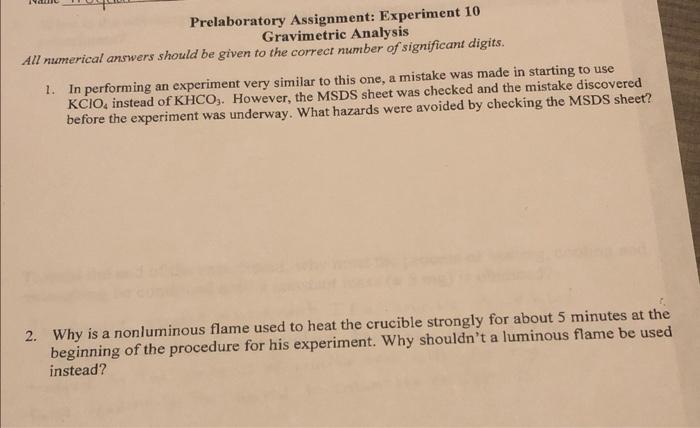 Solved Prelaboratory Assignment: Experiment 10 Gravimetric | Chegg.com