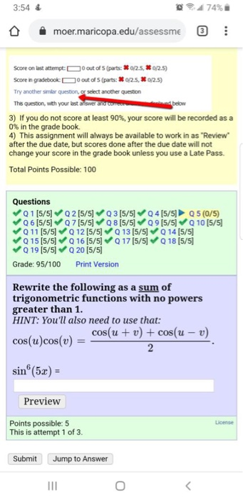 Solved g 74% 3:54 moer.maricopa.edu/assessme Score on last | Chegg.com