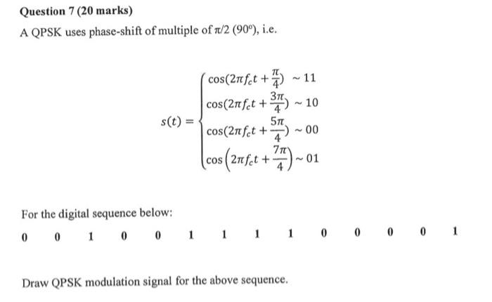 Solved Question 7 (20 marks) A QPSK uses phase-shift of | Chegg.com