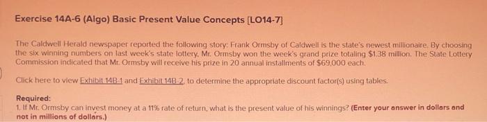 Solved Exercise 14A-6 (Algo) Basic Present Value Concepts | Chegg.com