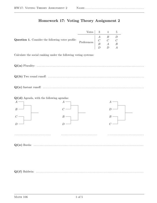 Homework 17 Voting Theory Assignment 2 Question 1 