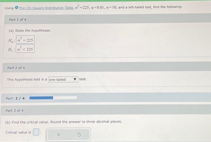 Solved Using The Chi-Square Distribution Table, o² =225, | Chegg.com