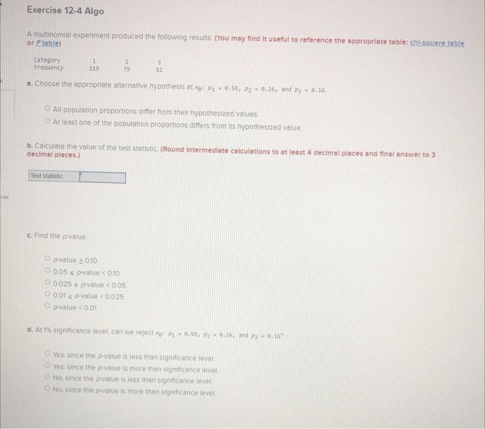Solved CH Exercise 12-4 Algo A multinomial experiment | Chegg.com