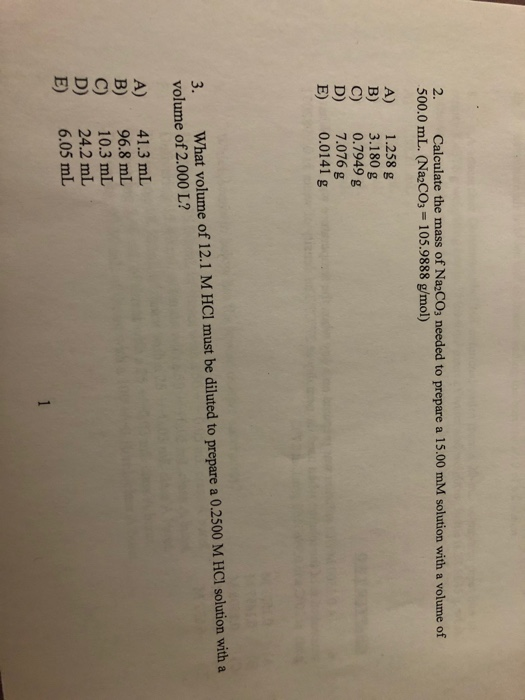Solved 2. Calculate the mass of Na2CO3 needed to prepare a | Chegg.com