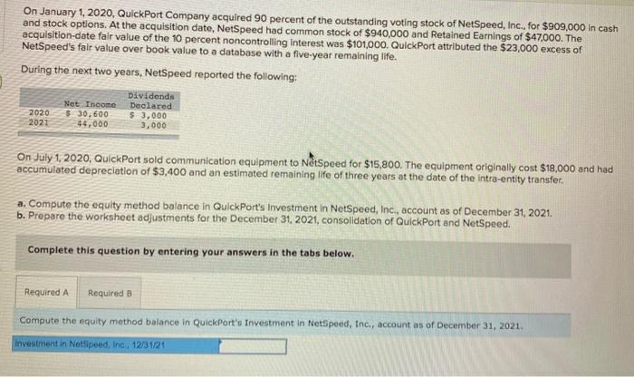 Solved On January 1, 2020, QuickPort Company acquired 90 | Chegg.com