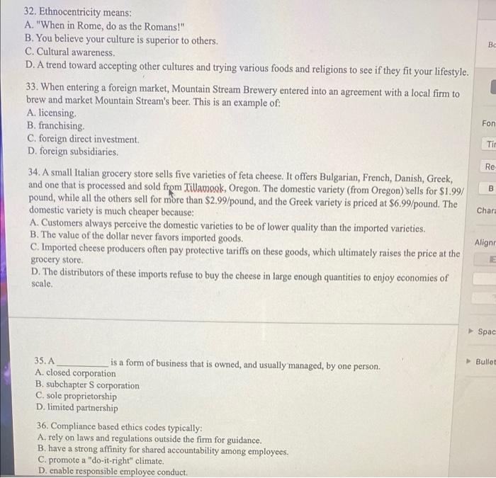Solved BC Fon 32. Ethnocentricity means: A. "When in Rome, | Chegg.com