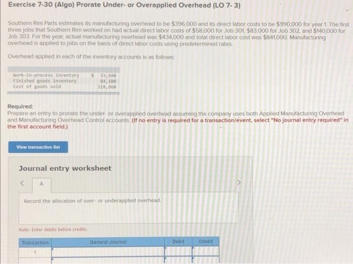 Solved Exercise 7-30 (Algo) Prorate Under or Overapplied | Chegg.com