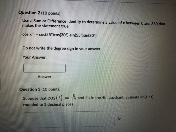 Solved Question 2 (10 points) Use a Sum or Difference | Chegg.com