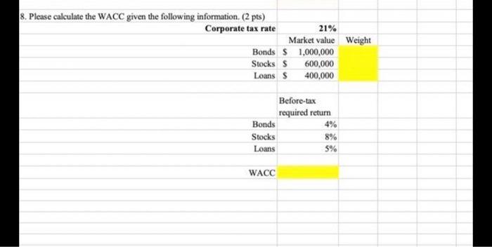 Solved 8. Please calculate the WACC given the following | Chegg.com