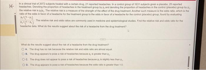 Solved Find the relative risk for the headache datafind the | Chegg.com