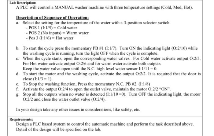 Solved Lab Description: A PLC will control a MANUAL washer | Chegg.com