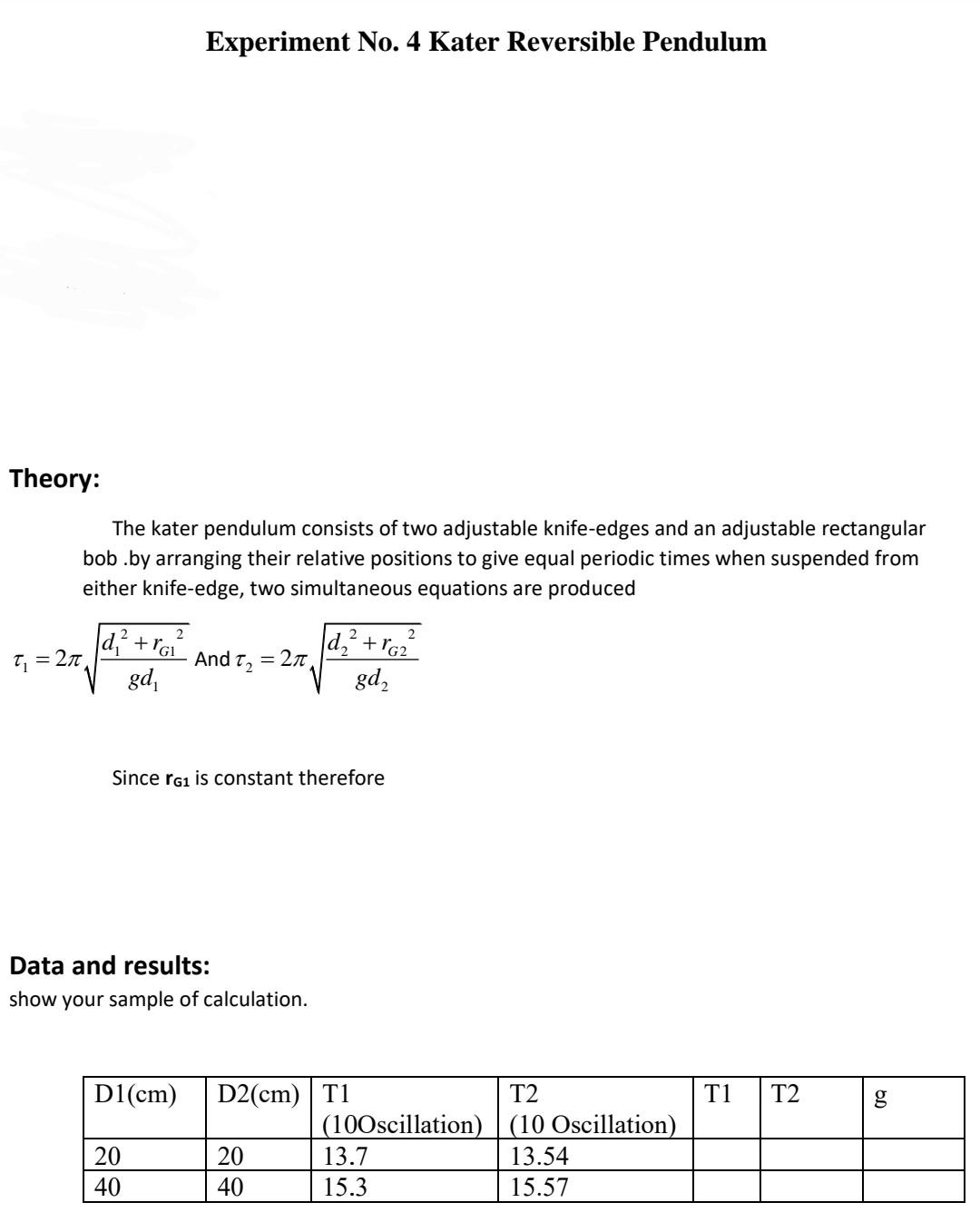 Solved Experiment No. 4 Kater Reversible Pendulum Theory: | Chegg.com