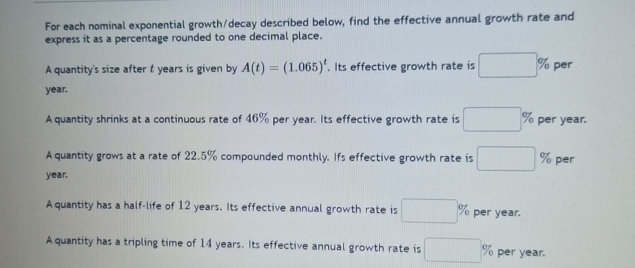 Solved For each nominal exponential growth/decay described | Chegg.com