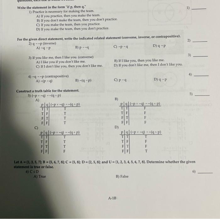 Solved Write the statement in the form "if p, then q." 1) | Chegg.com