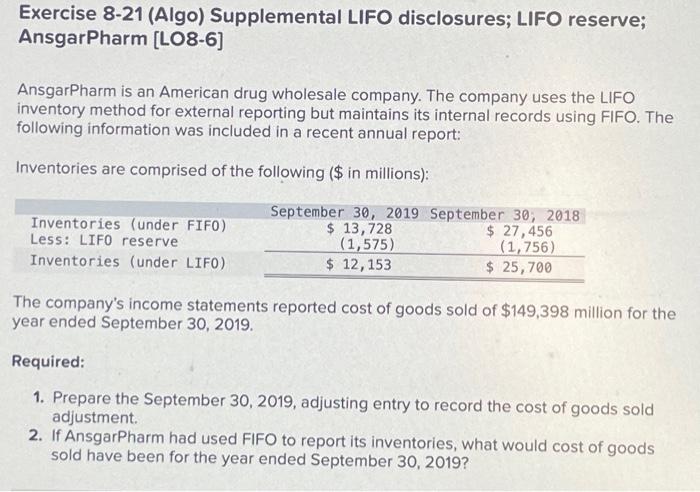 Solved Exercise 8-21 (Algo) Supplemental LIFO disclosures; | Chegg.com