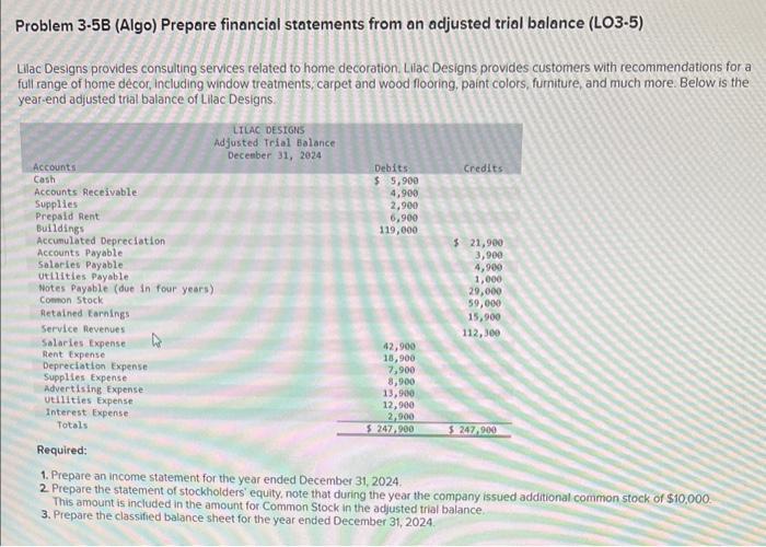 Solved Problem 3-5B (Algo) Prepare financial statements from | Chegg.com