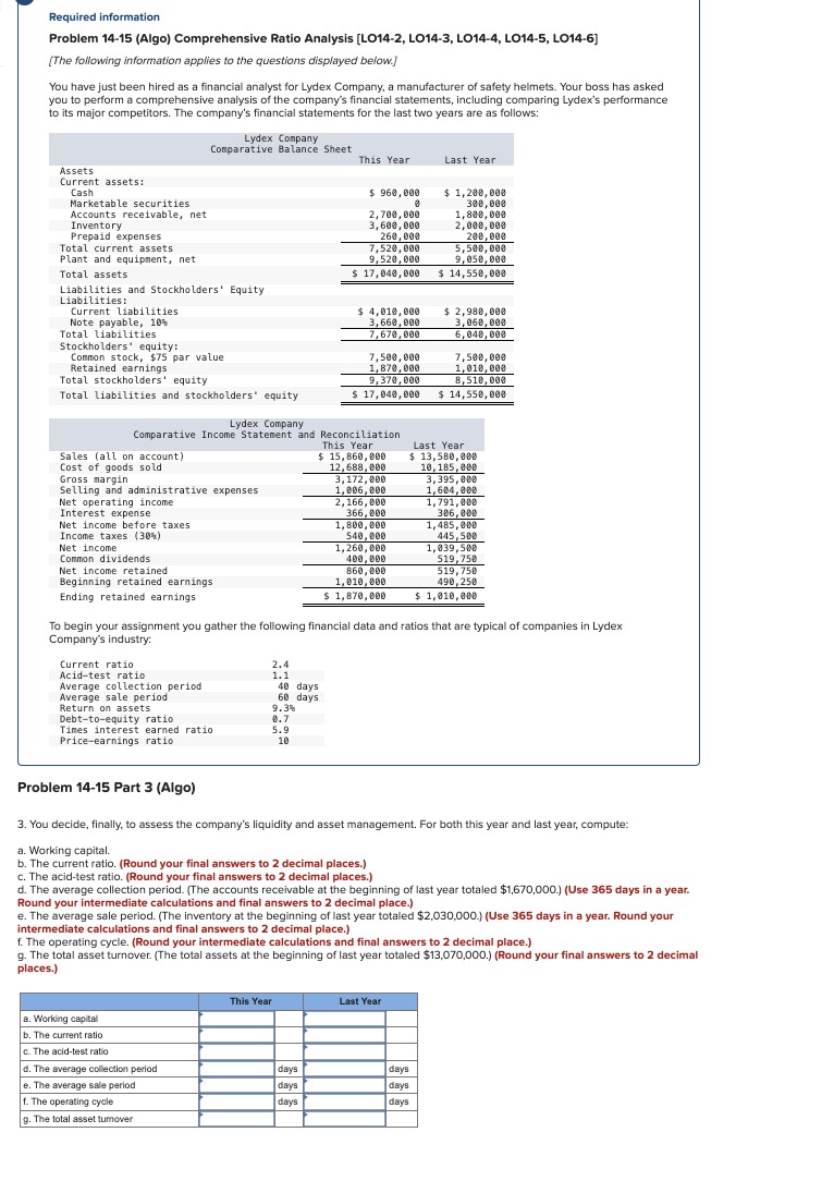 Solved Problem 14-15 (Algo) ﻿Comprehensive Ratio Analysis | Chegg.com