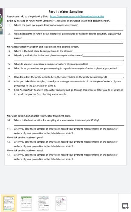 Part 1: Water Sampling Instructions: Go to the | Chegg.com