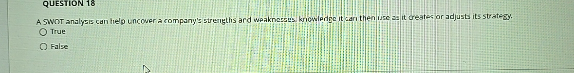 Solved QUESTION 18A SWOT analysis can help uncover a | Chegg.com