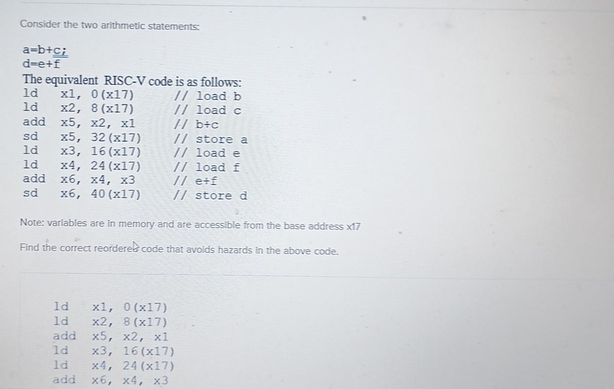 Solved Consider the two arithmetic statements:a=b+cid=e+fThe | Chegg.com
