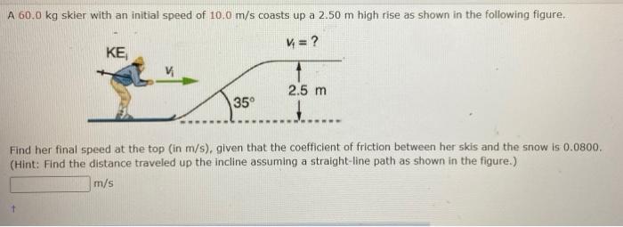 Solved A 60.0 kg skier with an initial speed of 10.0 m/s | Chegg.com