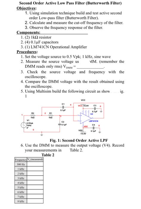 Second Order Active Low Pass Filter (Butterworth | Chegg.com