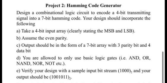 Solved Project 2: Hamming Code Generator Design a | Chegg.com