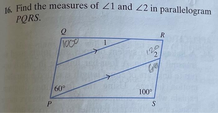 Solved 16. Find the measures of ∠1 and ∠2 in parallelogram | Chegg.com