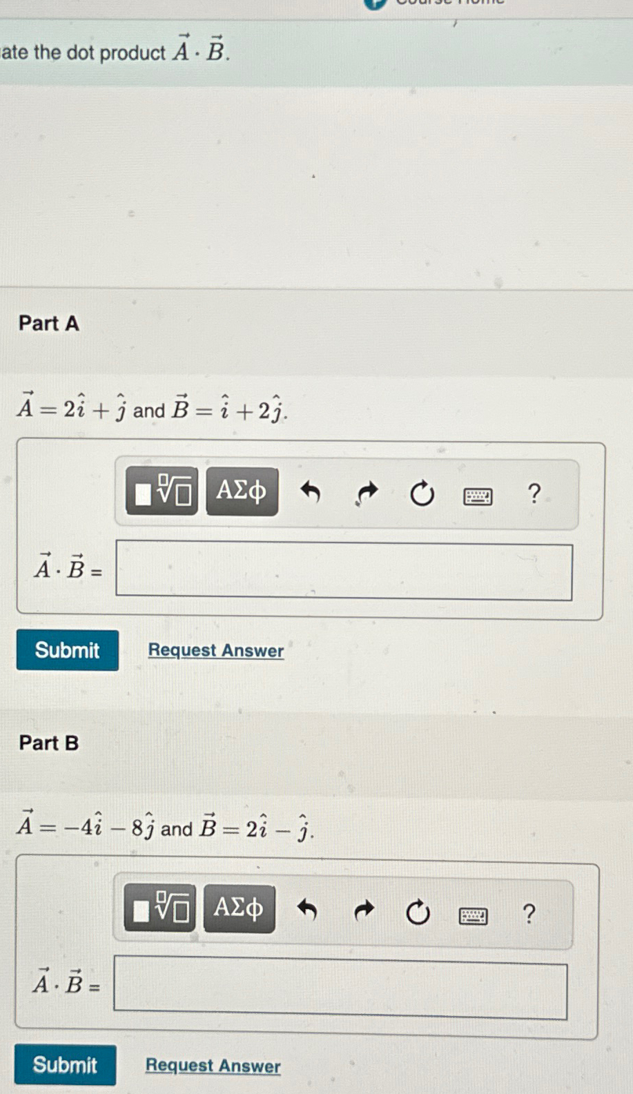 Solved ate the dot product vec(A)*vec(B).Part | Chegg.com
