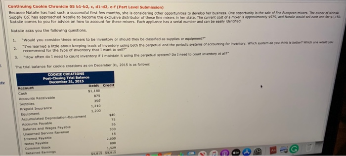 Solved Continuing Cookie Chronicle 05 b1-b2, c, dl-d2, e-f | Chegg.com