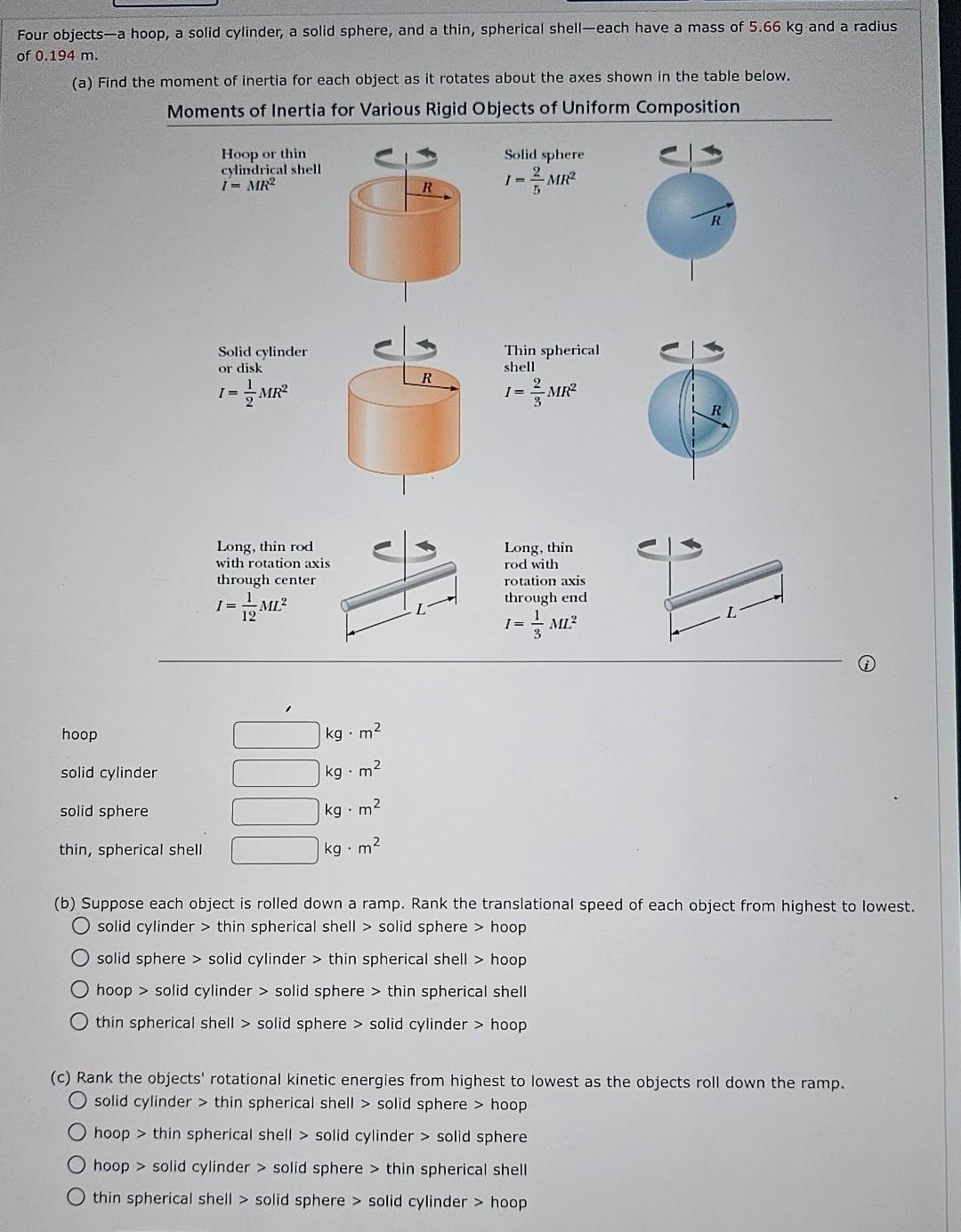 Solved Four objects-a hoop, a solid cylinder, a solid | Chegg.com