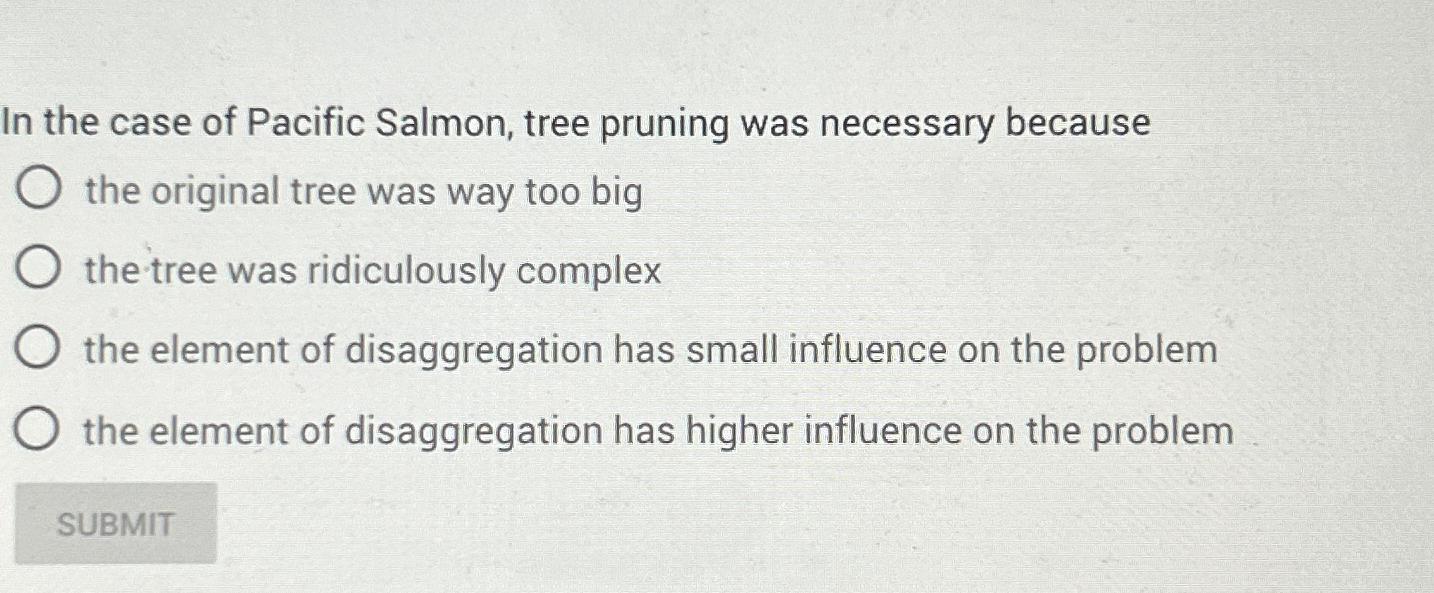 Solved In the case of Pacific Salmon, tree pruning was | Chegg.com