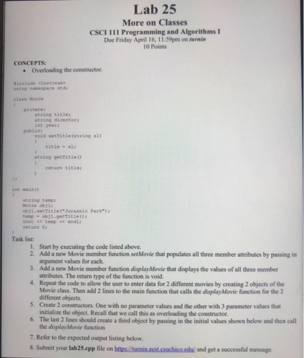 Solved Lab 25 More On Classes Csci 111 Programming And 9724