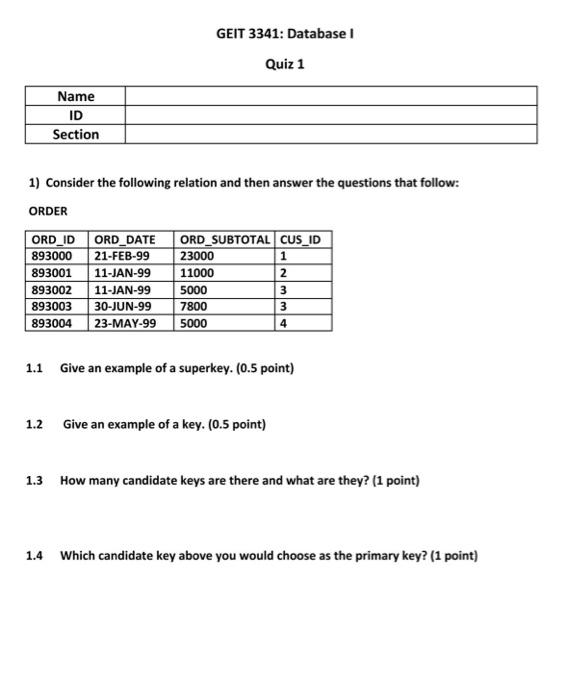 Solved GEIT 3341: Database I Quiz 1 1) Consider the | Chegg.com
