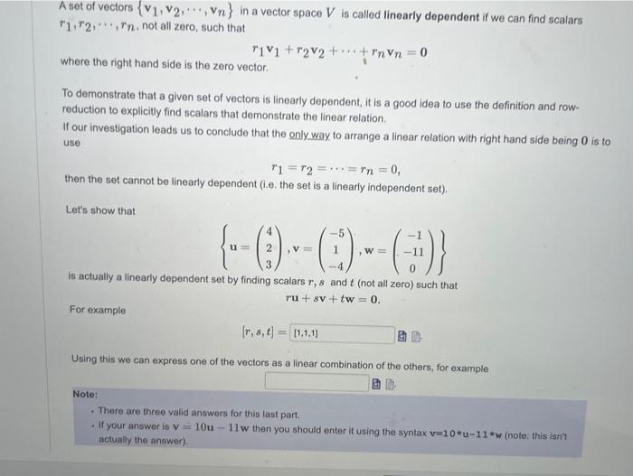 Solved A set of vectors {v1,v2,⋯,vn} in a vector space V is | Chegg.com