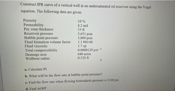 Solved Construct IPR curve of a vertical well in an | Chegg.com