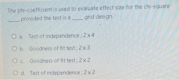 Solved The phi-coefficient is used to evaluate effect size | Chegg.com