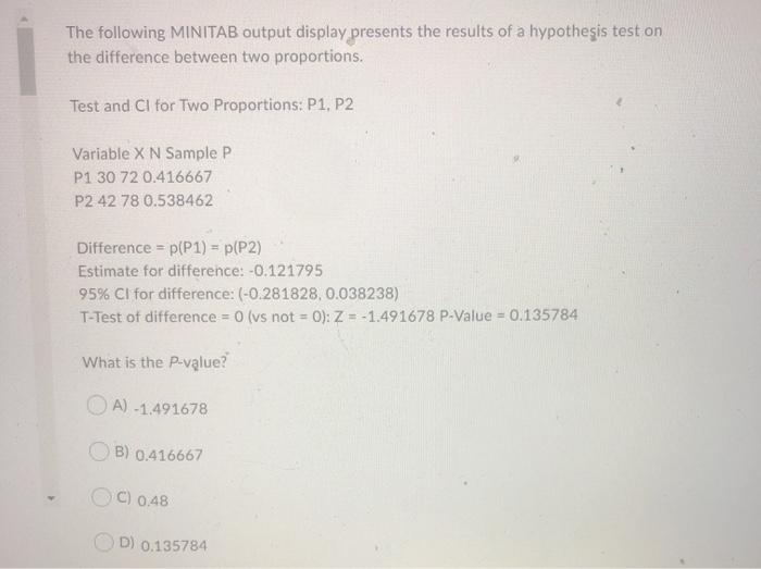 Solved The following MINITAB output display presents the | Chegg.com